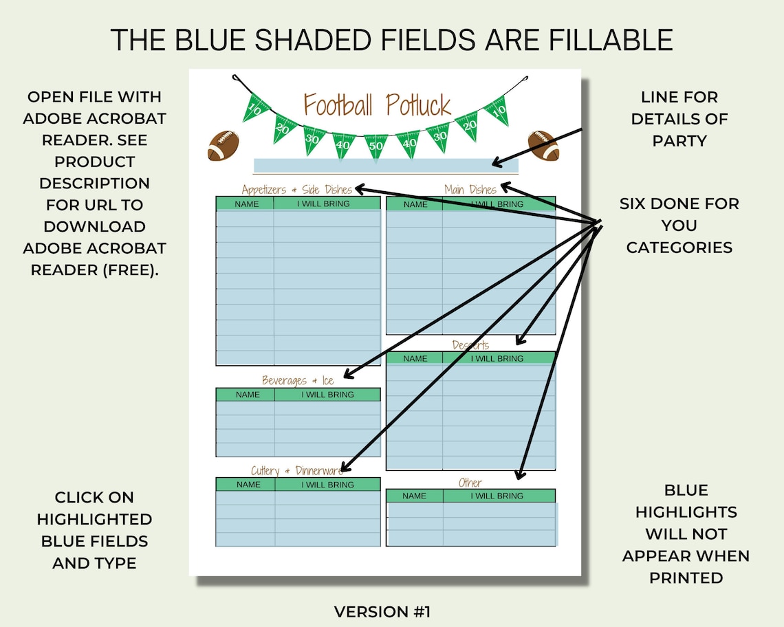 Football Party Potluck Sign up Sheet Printable, Food Sign up Sheet ...