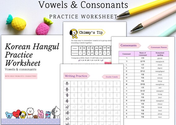 Korean Hangul Writing Practice. Vowels and Consonats With - Etsy