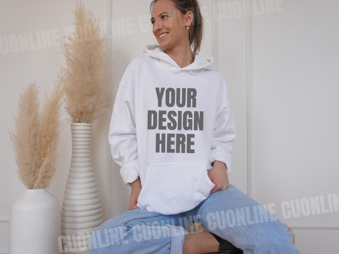 Gildan 18500 White Hoodie Mockup White Hoodie Mockup Model Gildan