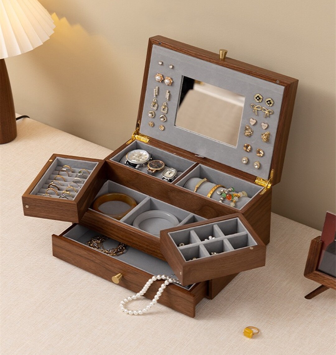 Engraved Walnut Jewelry Box: 3-layer Push-pull Necklace Ring Storage - Etsy