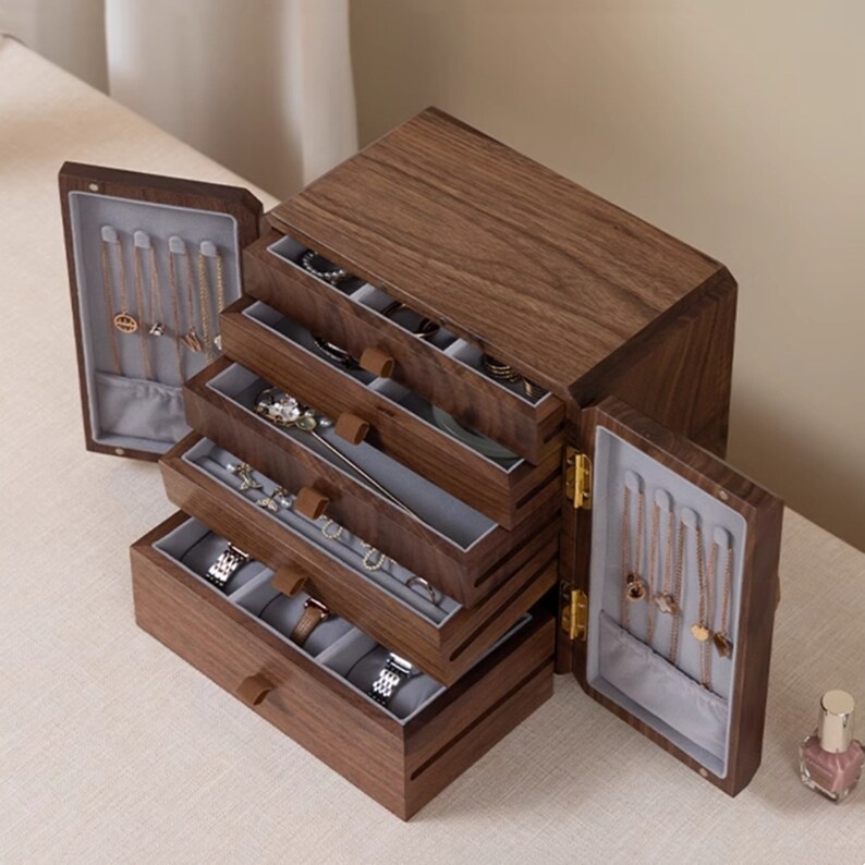 Large 2 Layer Wooden Jewelry Box Engrave Name Jewelry Cabine Necklace ...