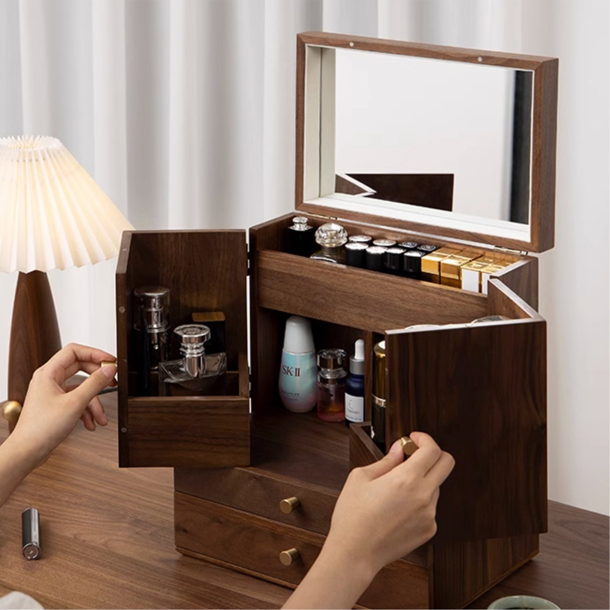 Walnut Large Wooden Capacity Cosmetic & Toiletry Storage,makeup ...