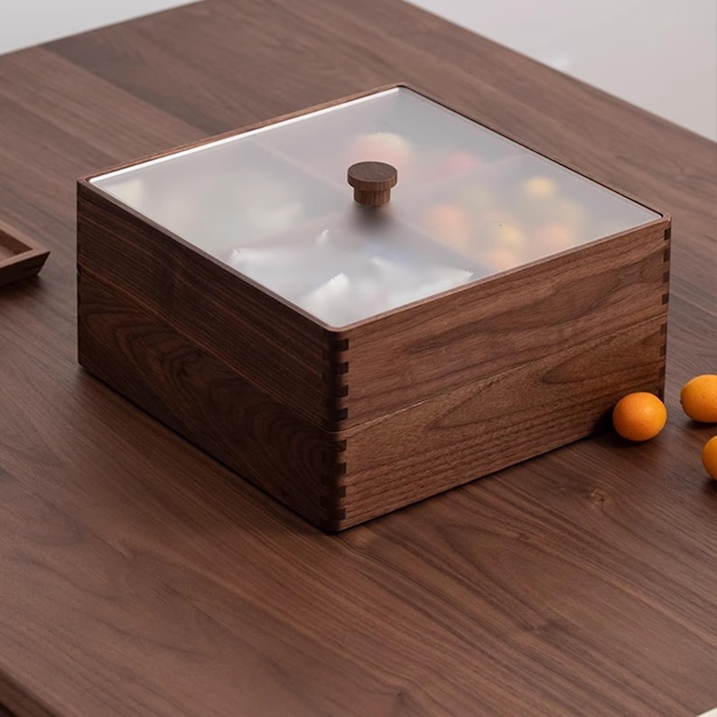Walnut Square Storage Box With Lid,1/2 Layer Wooden Home Storage for ...