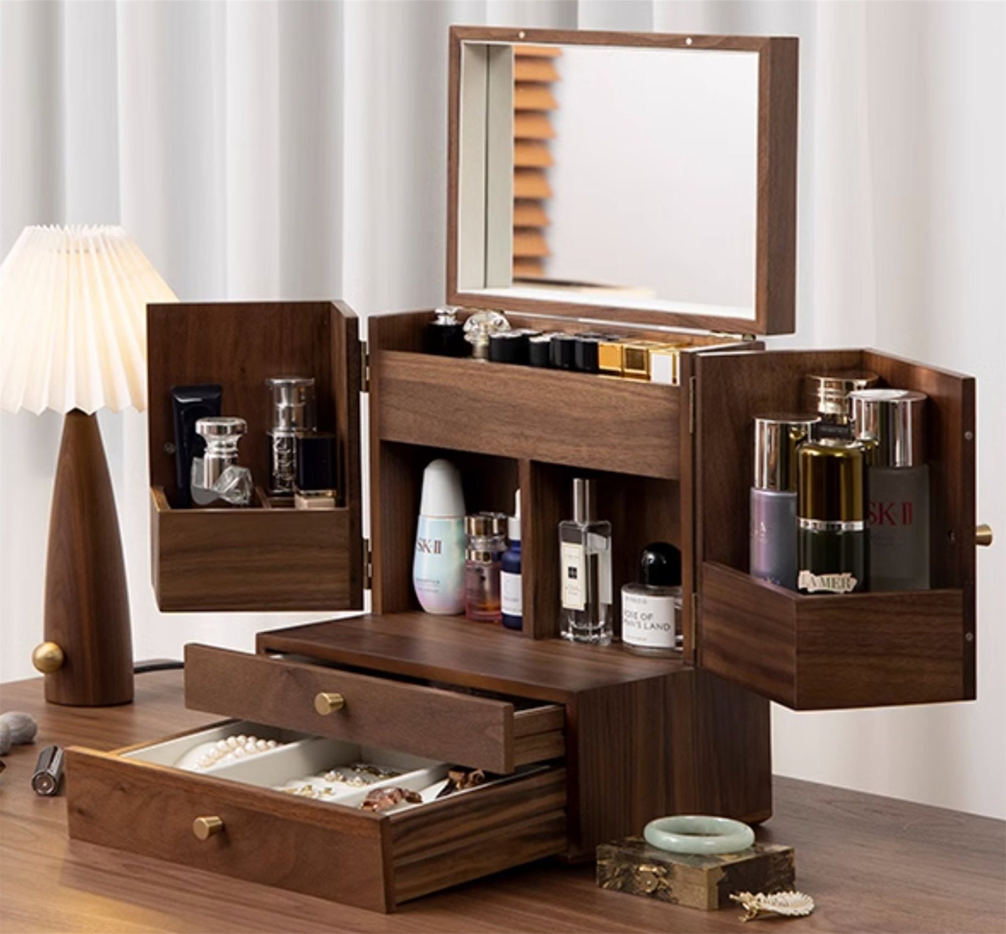 Walnut Large Wooden Capacity Cosmetic & Toiletry Storage,makeup ...