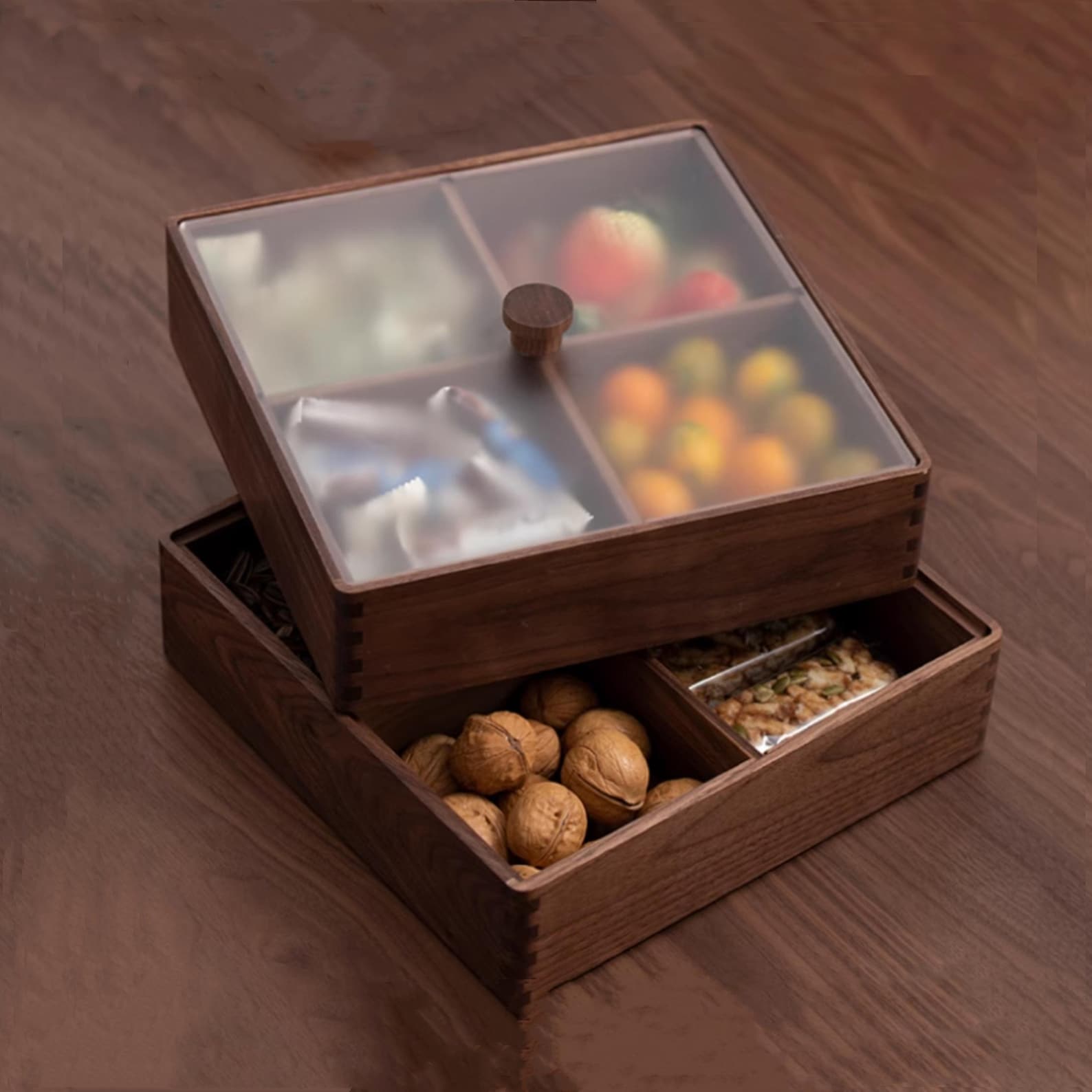 Walnut Square Storage Box With Lid,1/2 Layer Wooden Home Storage for ...