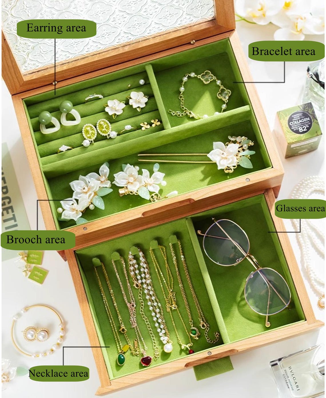Wooden Jewelry Box Glass Lid Wood Storage Box Earring Necklace Rings ...