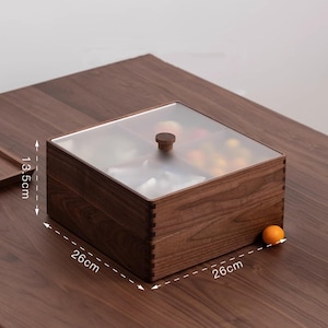 Walnut Square Storage Box With Lid,1/2 Layer Wooden Home Storage for ...