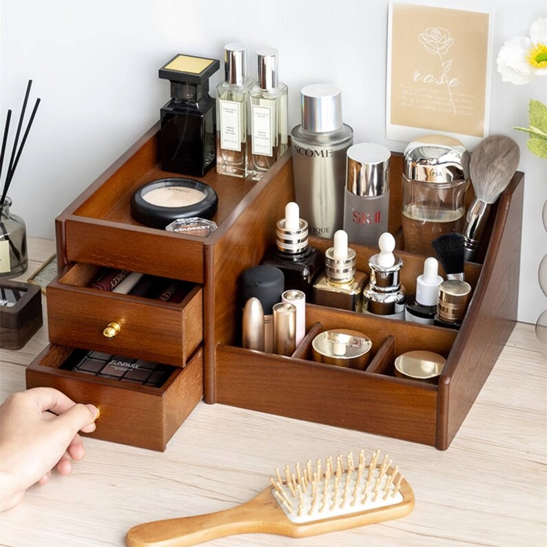 Personalized Wooden Makeup Organizer With 2 Drawers, Cosmetic Storage ...