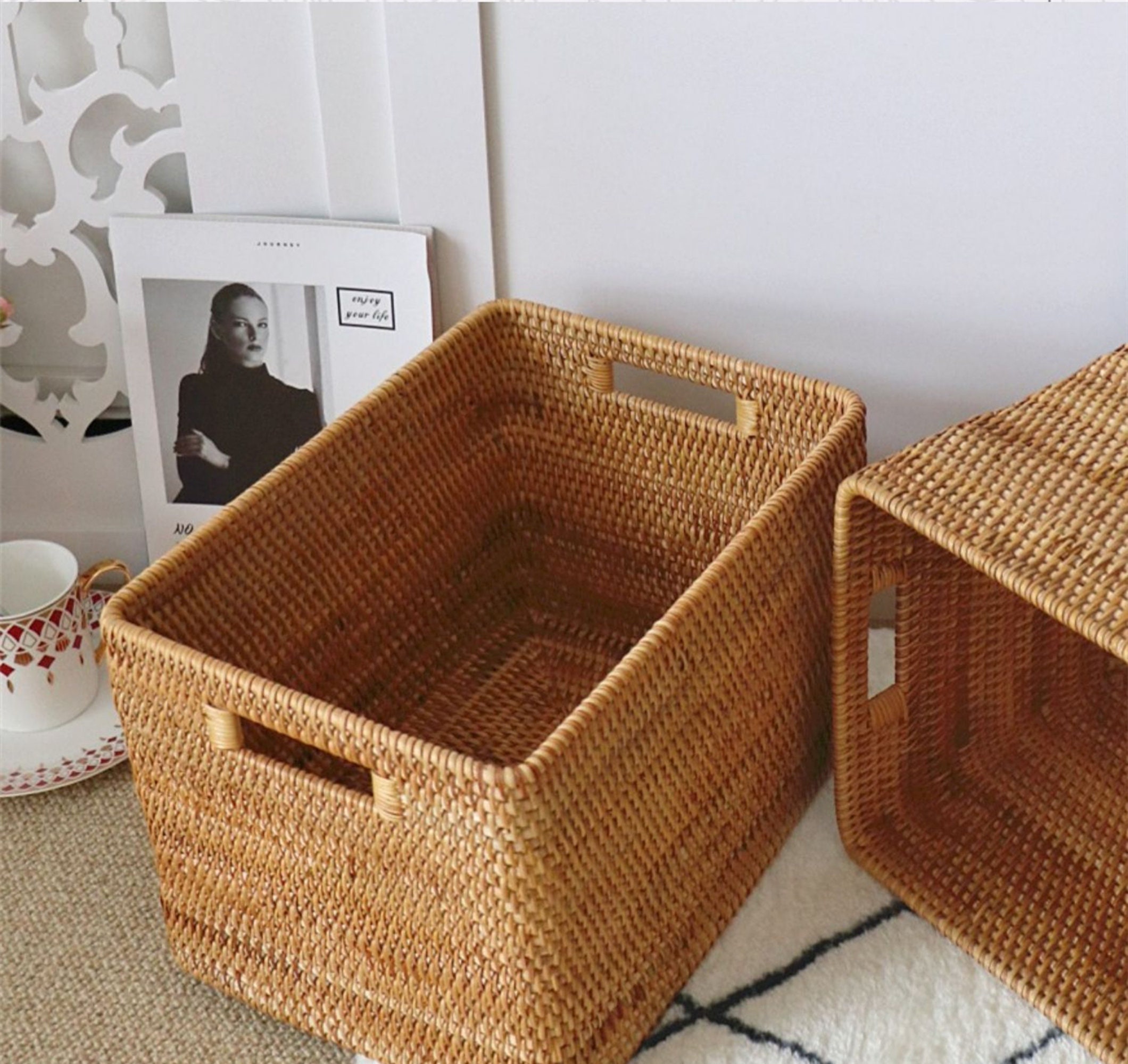 Hand Woven Rattan Basket,large Wicker Basket,portable Rattan Storage ...
