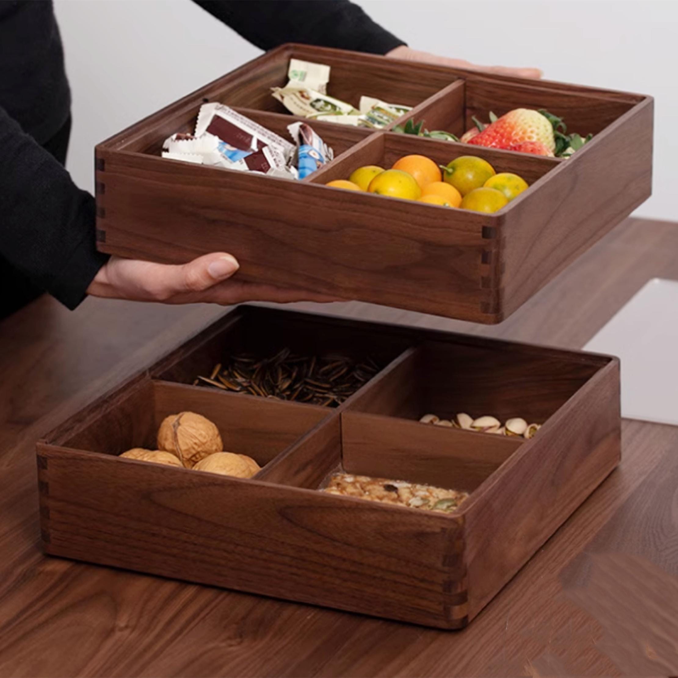 Walnut Square Storage Box With Lid,1/2 Layer Wooden Home Storage for ...