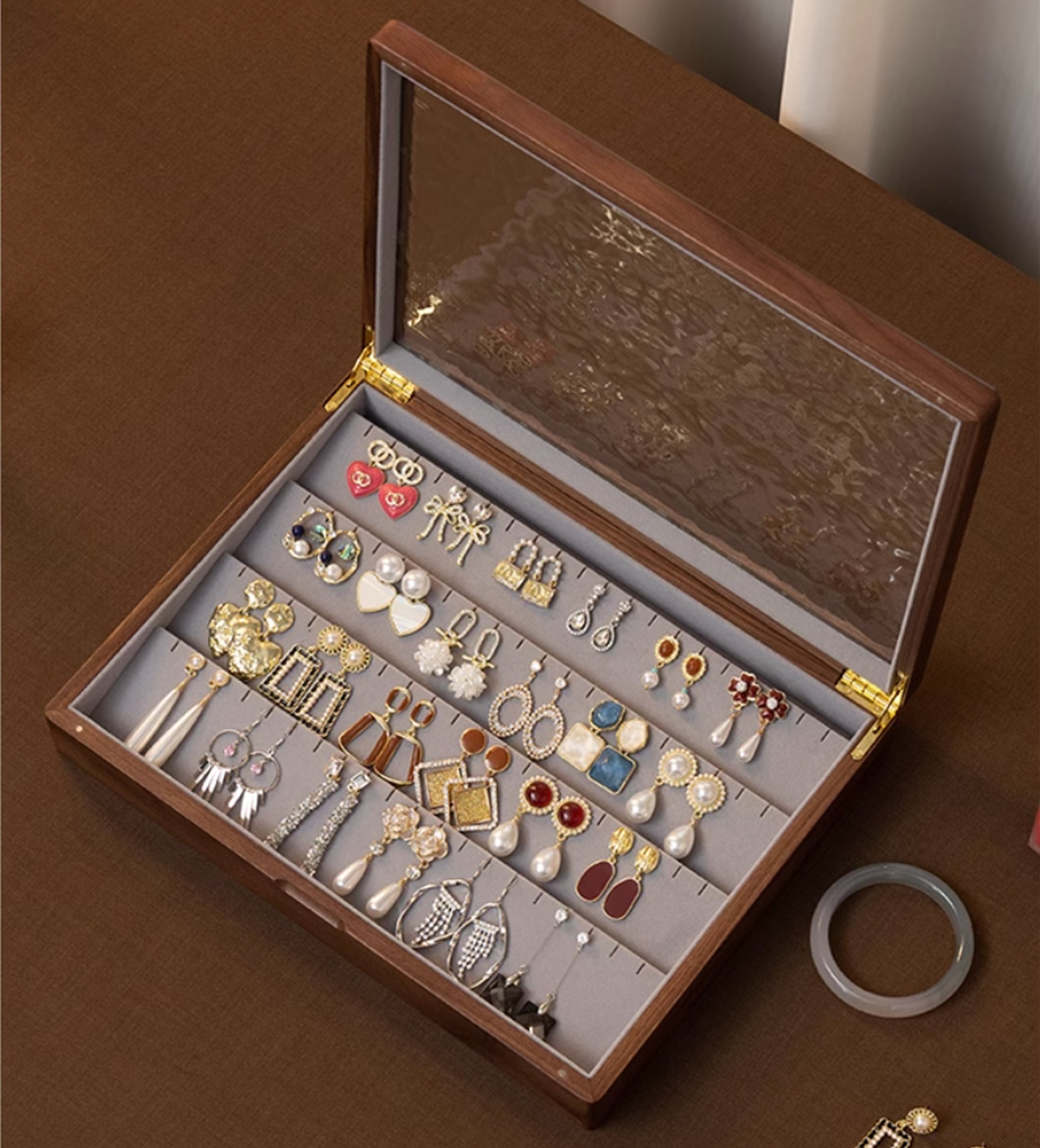 Walnut Wood Necklace Box Jewelry Storage Box Earring Ring Organizer Box ...