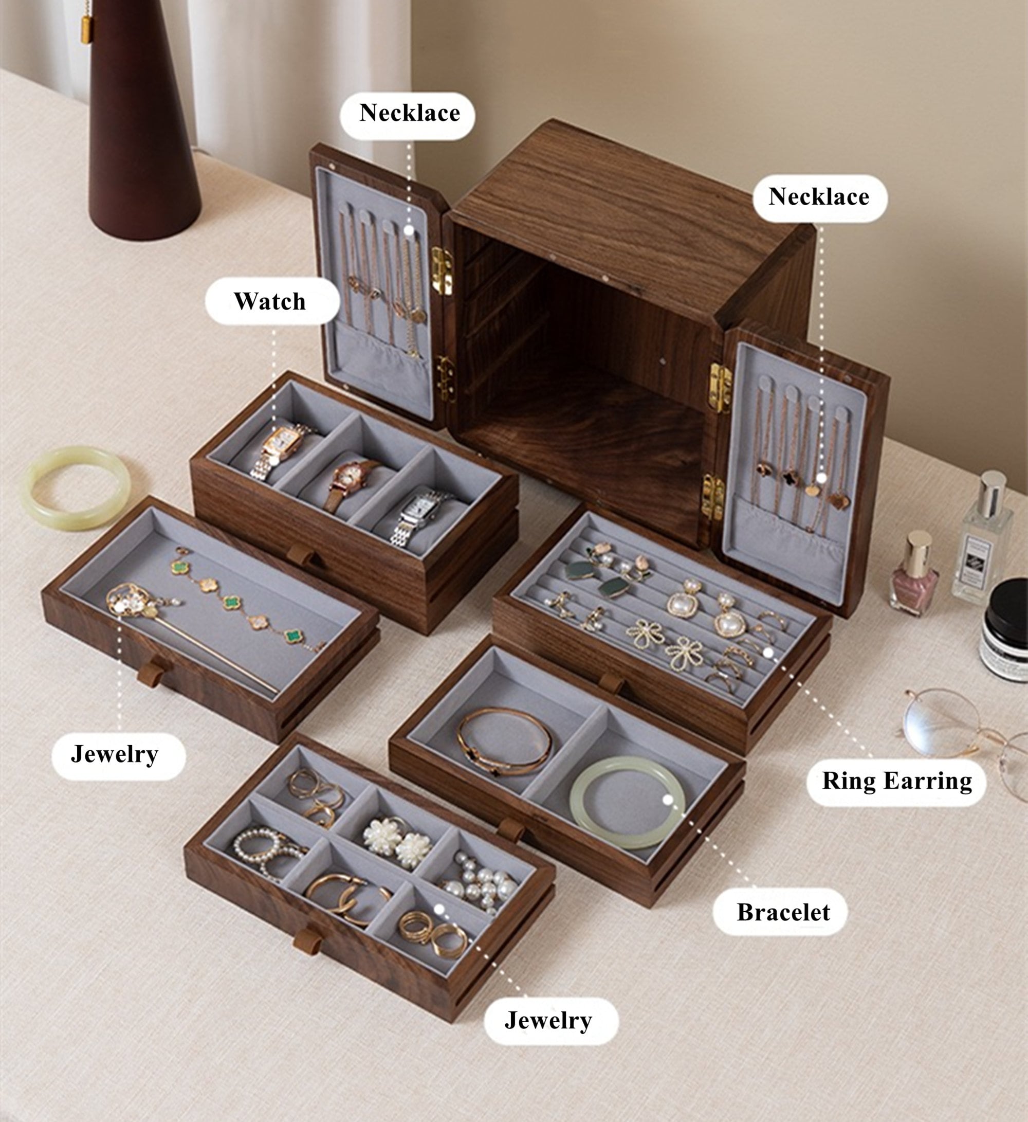 Large 2 Layer Wooden Jewelry Box Engrave Name Jewelry Cabine Necklace ...