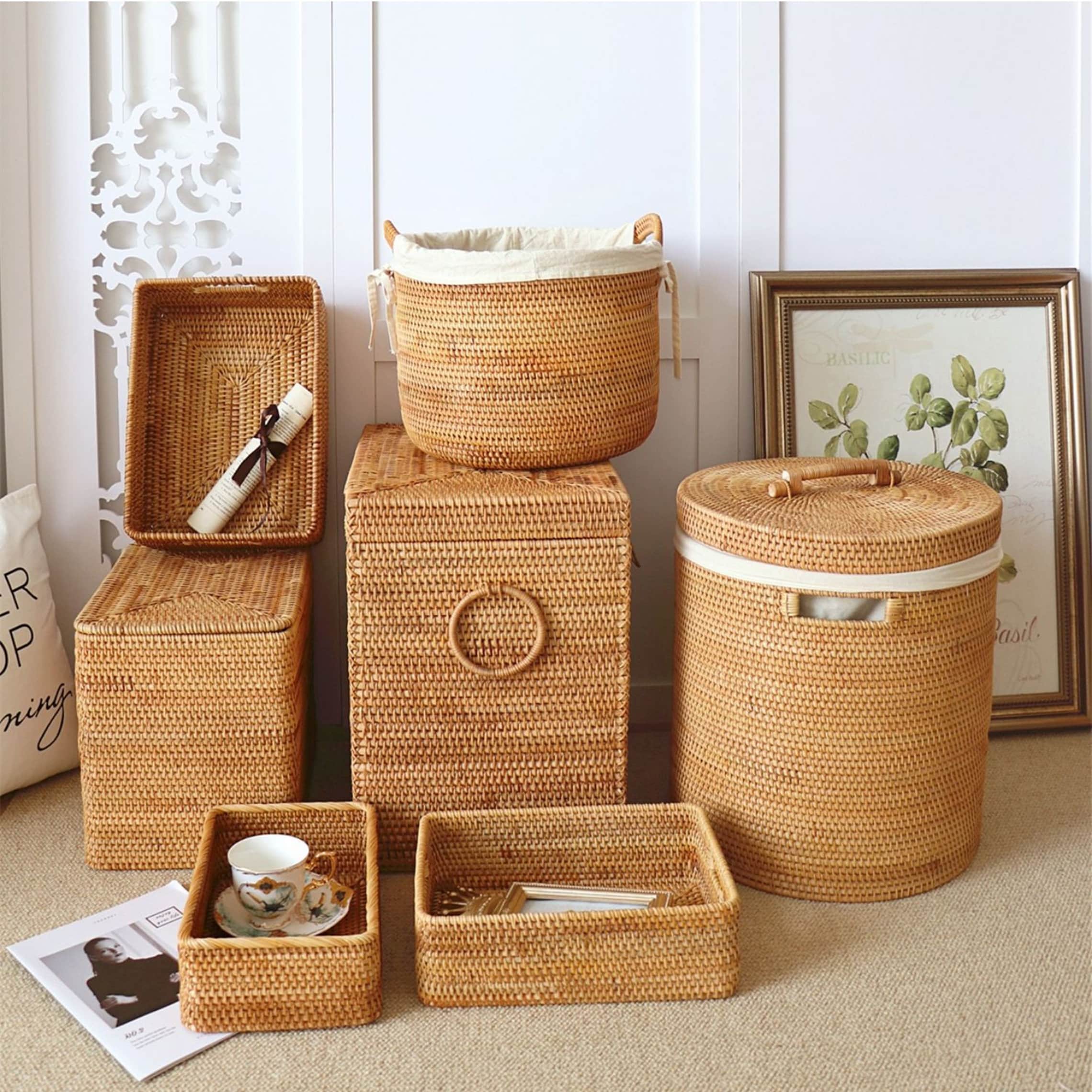 Hand Woven Rattan Basket,large Wicker Basket,portable Rattan Storage ...