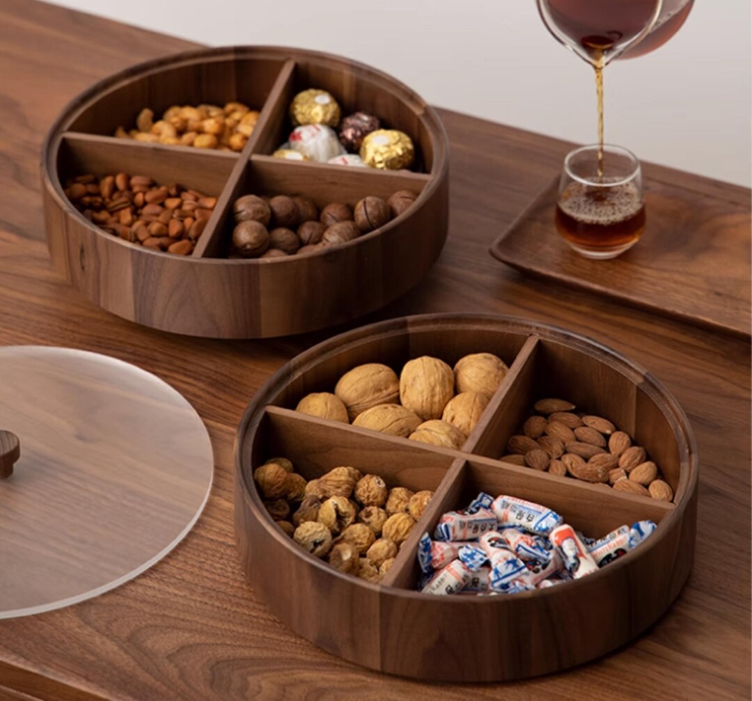 Walnut Round Nuts Box With Lid,1/2 Layer Wooden Home Storage for Snacks ...