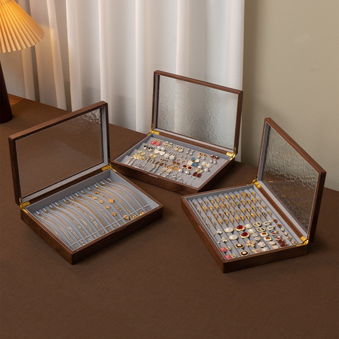 Walnut Wood Necklace Box Jewelry Storage Box Earring Ring Organizer Box ...