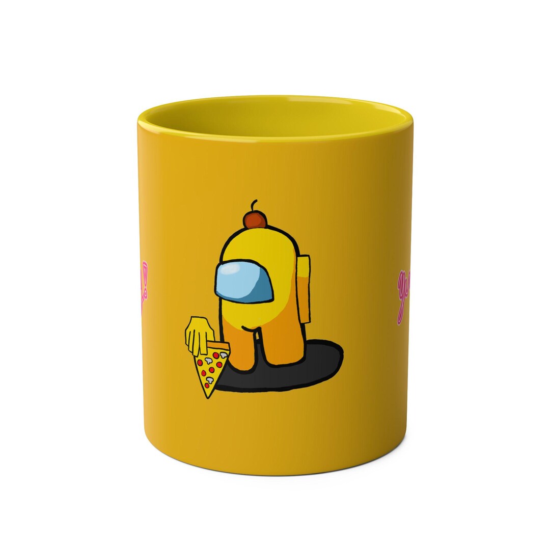 Among Us Yellow Crew-mate With Pizza Two-tone Coffee Mug, Fun Gaming ...