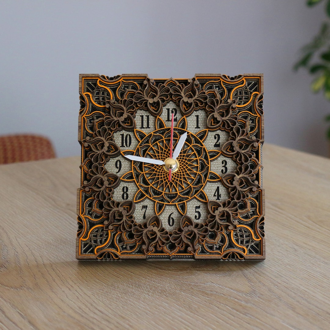 Wooden Mandala Desk Clock, Layered Square Table Timepiece, Rustic Boho ...