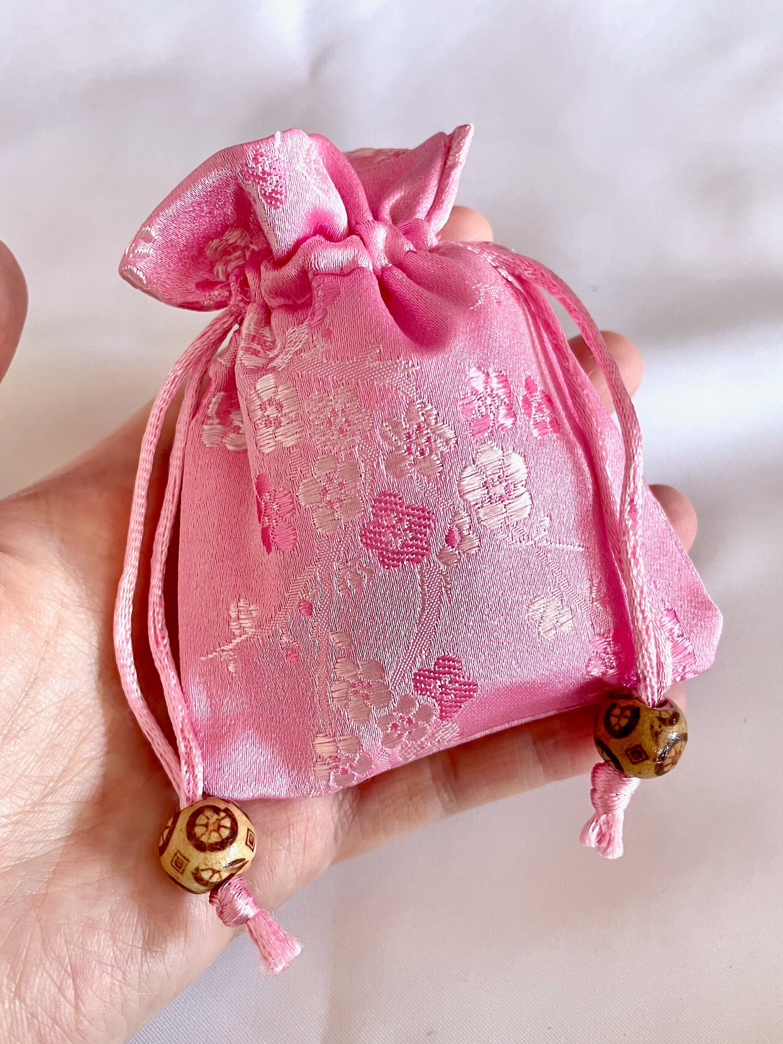 8x10cm Light Pink Cherry Blossom Floral Satin Drawstring Pouch, Flower ...