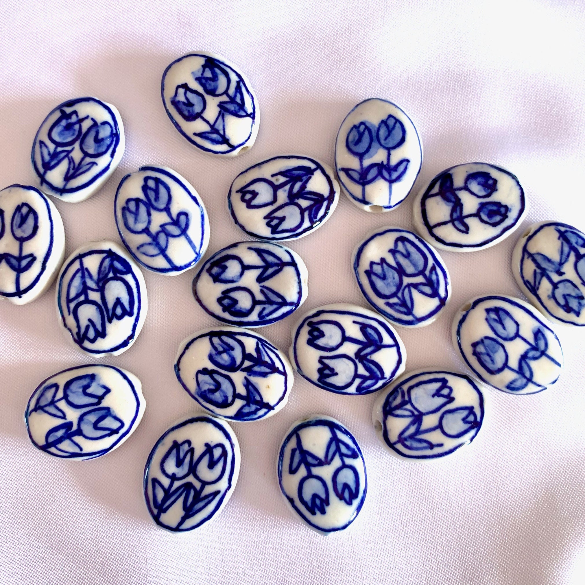Hand Painted Double Tulip Delft Blue Ceramic Beads, Flat Flower ...