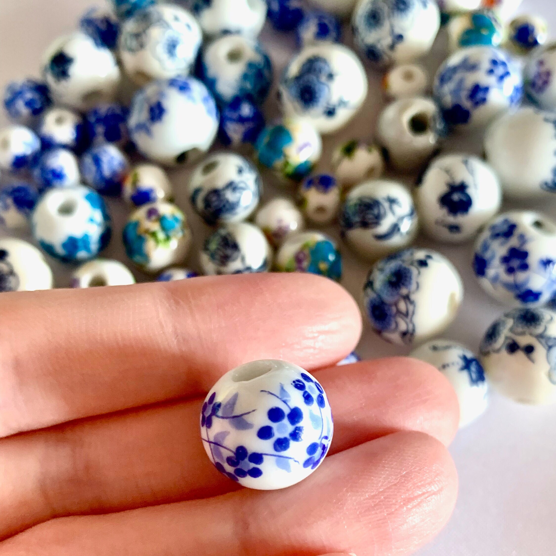 Delft Blue Ceramic Bead Soup Mix, Assorted Porcelain Round Flat Barrel ...