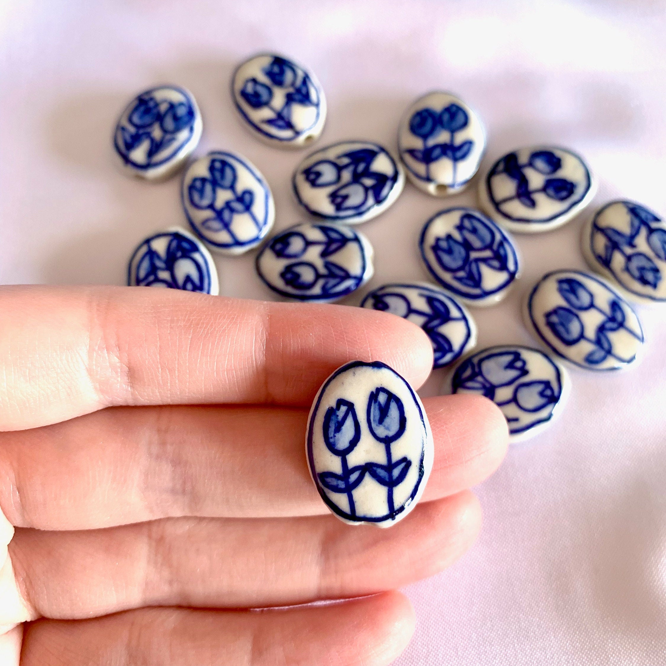 Hand Painted Double Tulip Delft Blue Ceramic Beads, Flat Flower ...