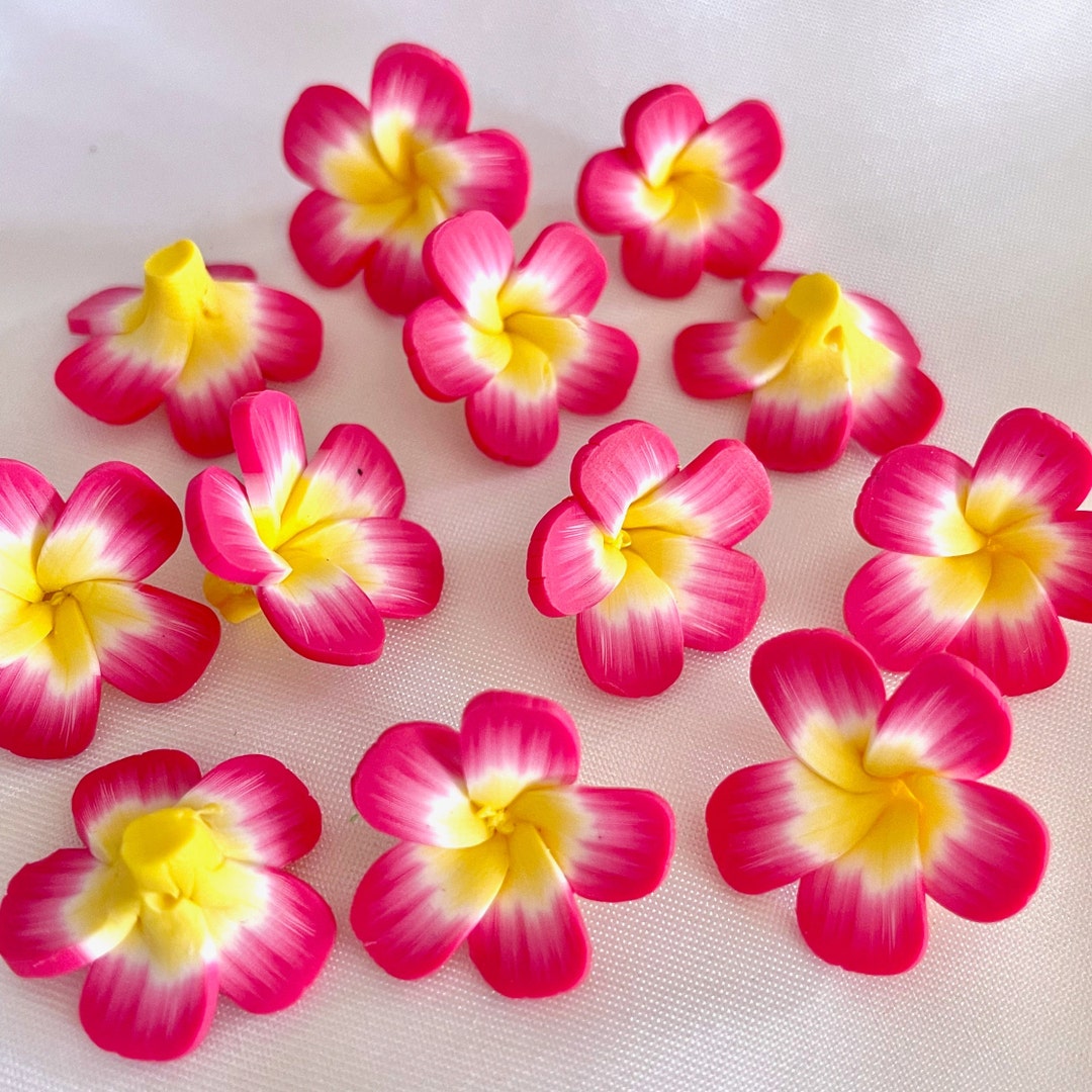 20mm Pink & Yellow Plumeria Tropical Flower 3D Polymer Clay Bead, Fimo ...