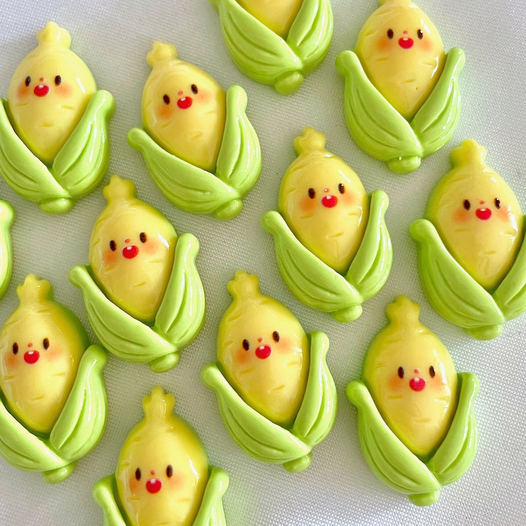 Baby Corn in Husk Smiling Face Flat Back Resin Cabochon, Dollhouse Mini ...