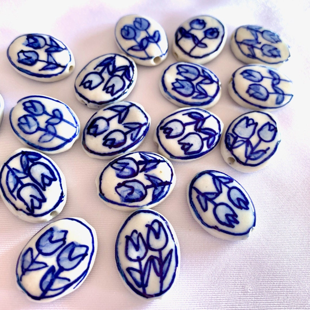 Hand Painted Double Tulip Delft Blue Ceramic Beads, Flat Flower ...