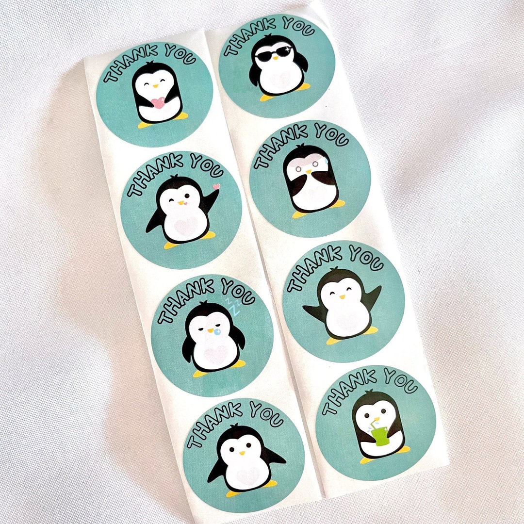 Penguin Thank You Round Stickers, 1 Inch / 2.5cm Wide Teal Blue ...
