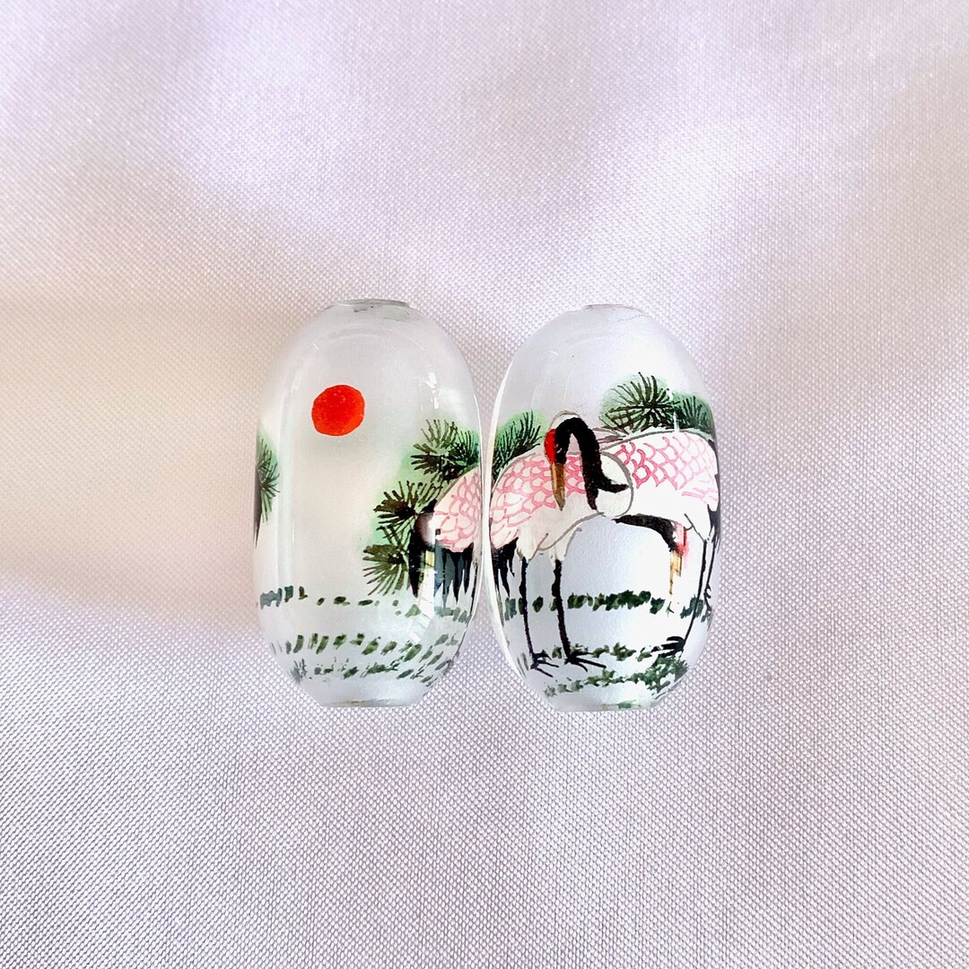 Twin Crane Stork Bird Chinese Inside Painting Handmade Glass Bead,inner ...