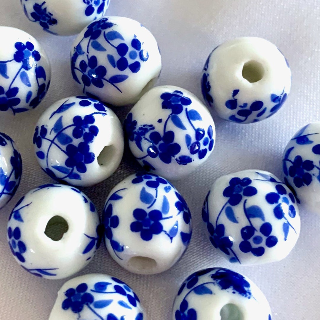 12mm Blue Floral Ceramic Round Beads, Chinese Delft Blue Flower ...