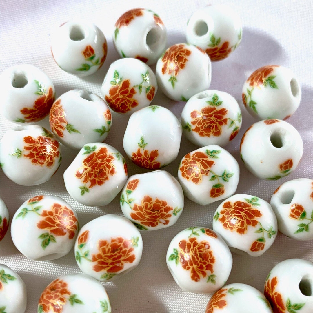 12mm Ceramic Red Peony Flower Beads, Chinese Porcelain Crimson Round ...