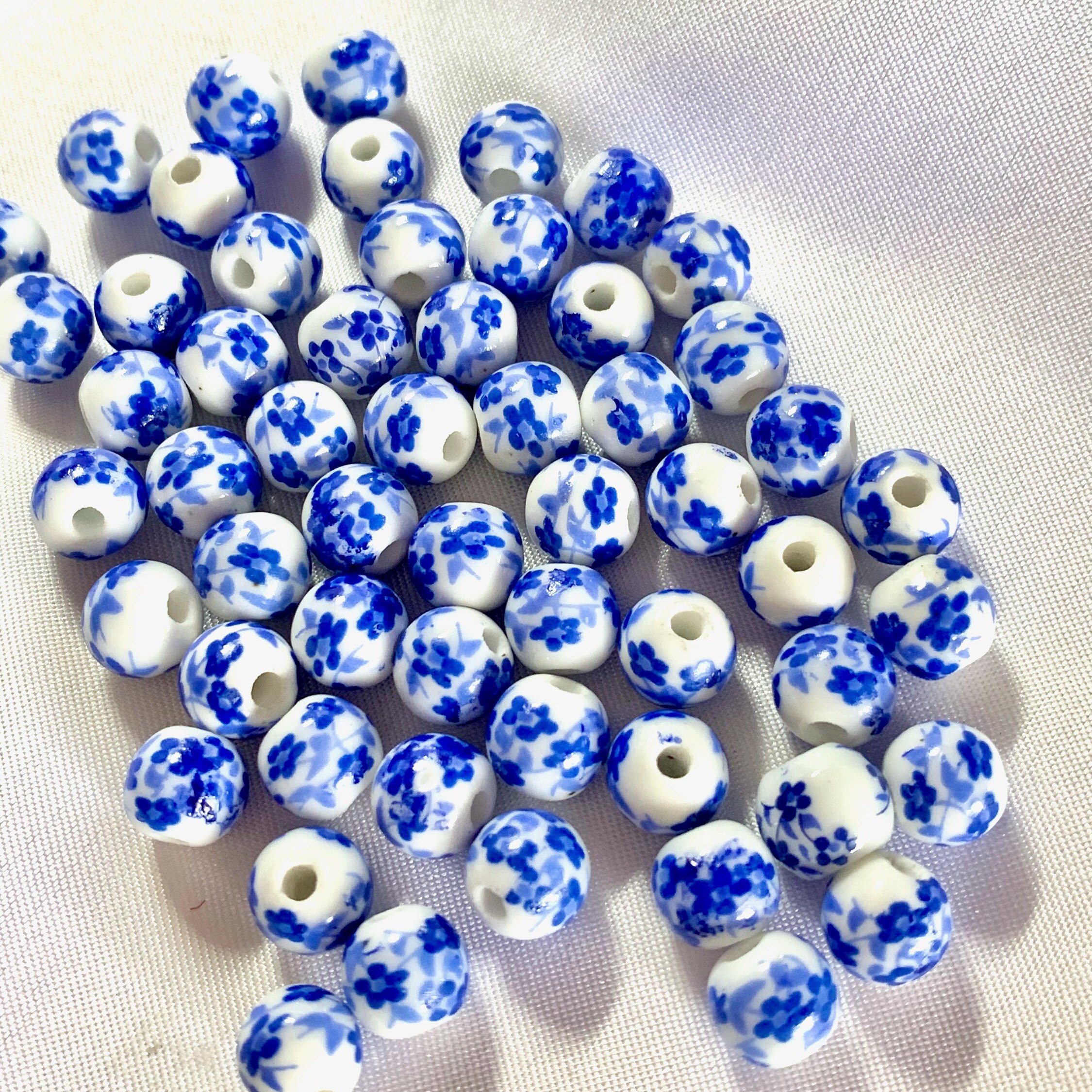8mm Ceramic Blue Floral Bead, Chinese Delft Flower Porcelain Round ...