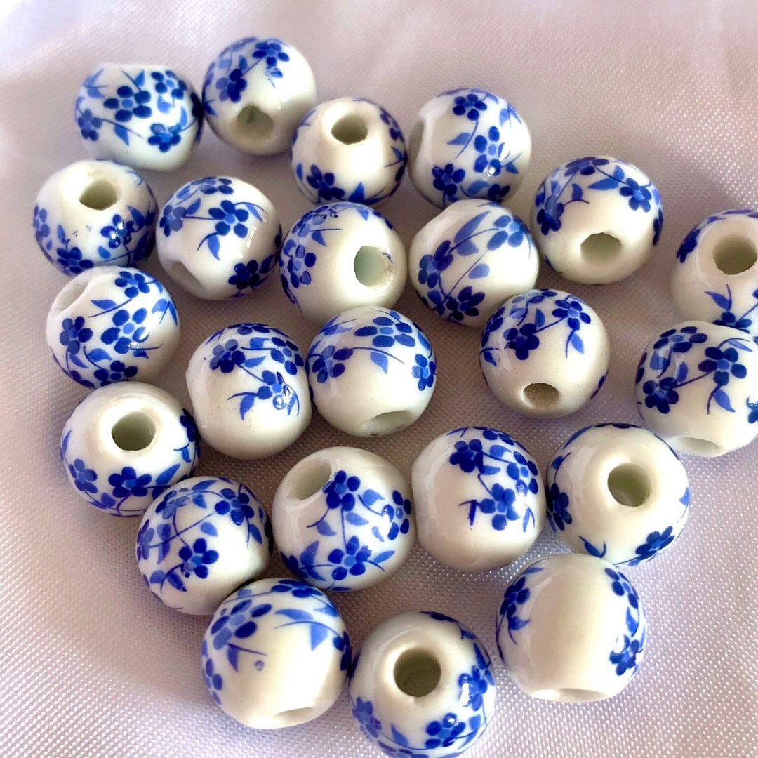 10mm Ceramic Floral Beads, Chinese Delft Blue Flower Porcelain Round ...