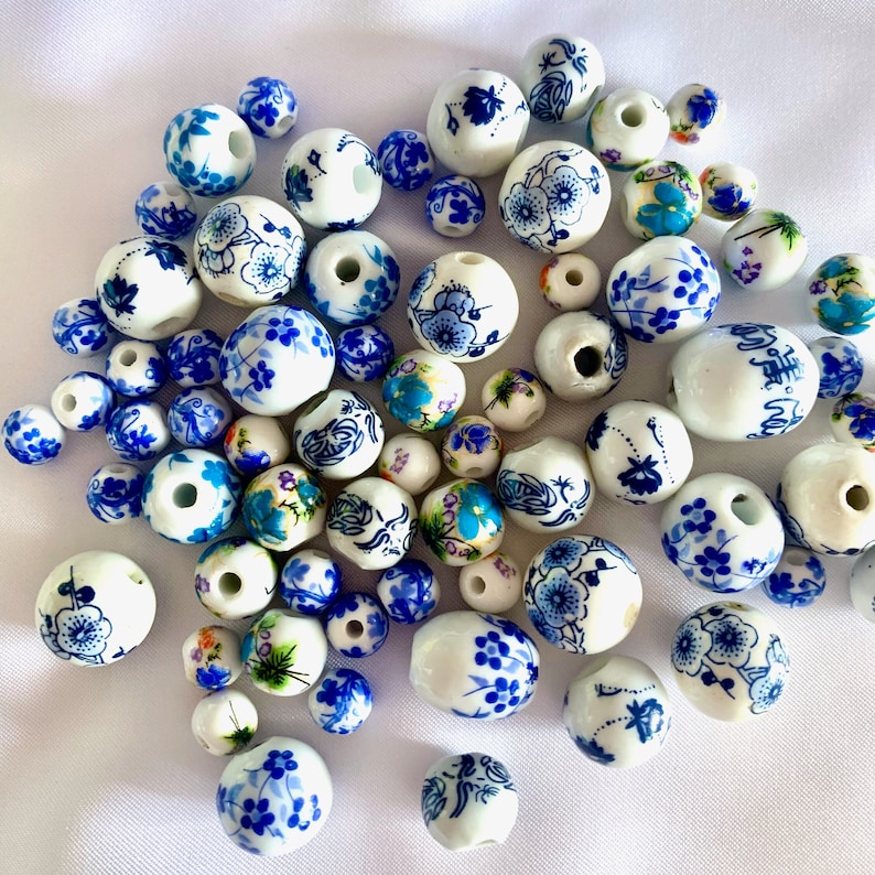 Delft Blue Ceramic Bead Soup Mix, Assorted Porcelain Round Flat Barrel ...