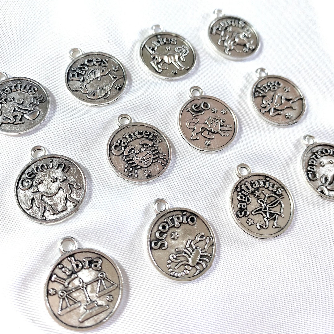 Set of 12 Antique Silver Horoscope Coin Metal Charm, Astrology Zodiac ...