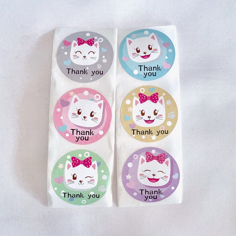 White Cat With Bow Thank You Round Stickers, 1 Inch / 2.5cm Wide ...
