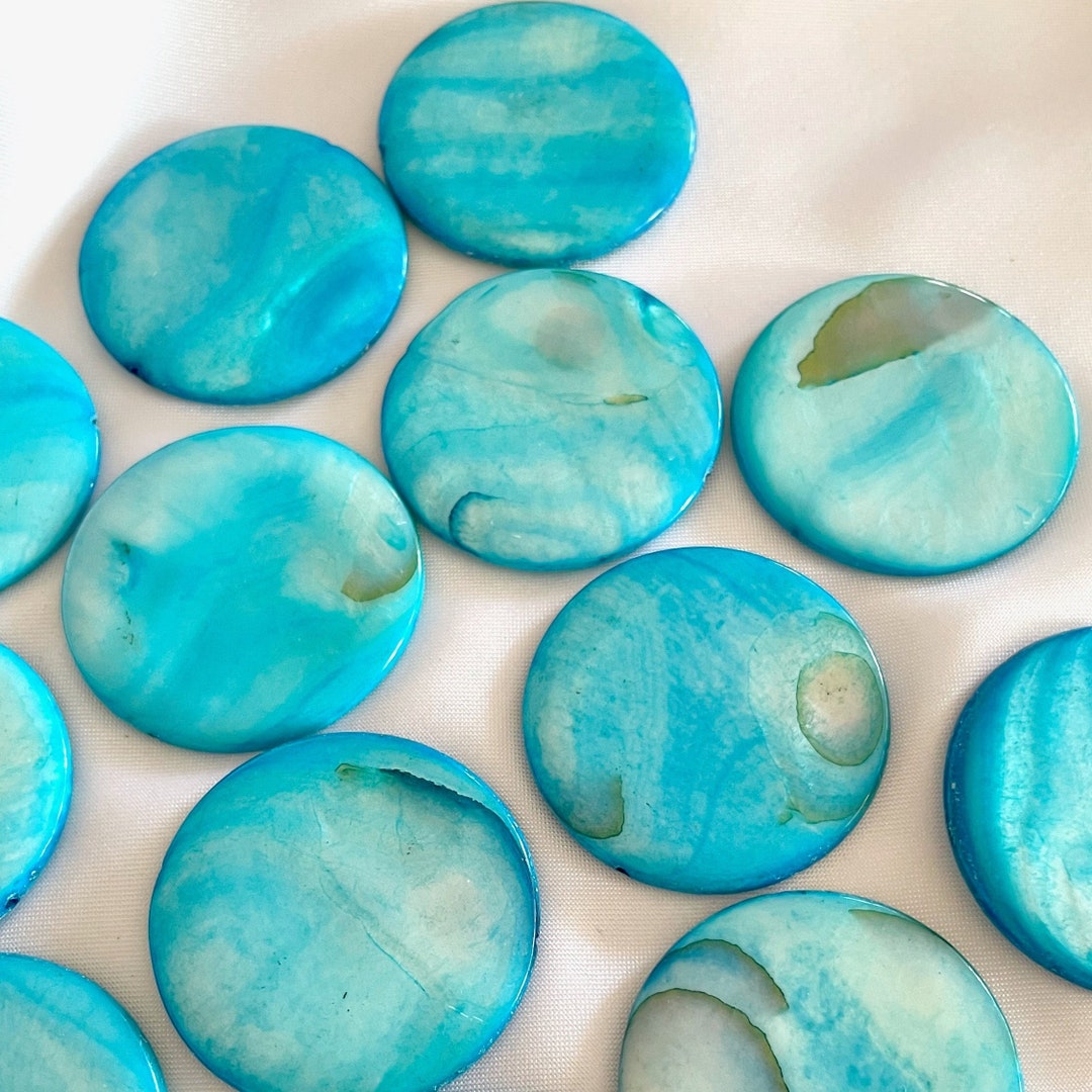 34mm Dyed Aqua Blue Mother of Pearl Large Flat Round Bead, MOP Natural ...
