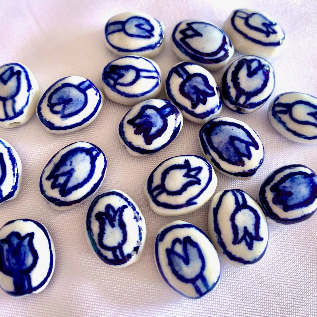 Hand Painted Oval Tulip Delft Blue Ceramic Beads, Flat Flower Cabochon ...