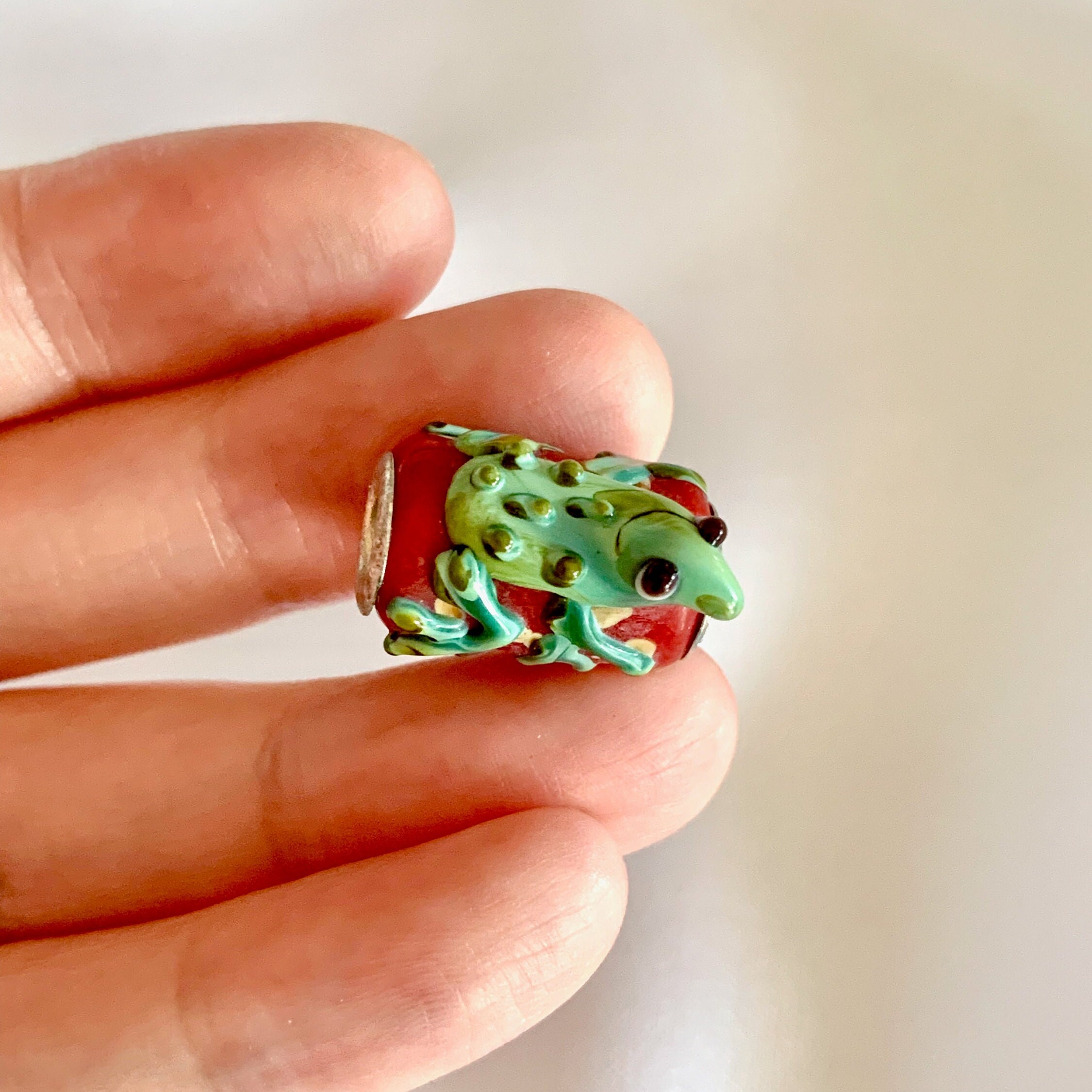 Lampwork Green Frog Toad Red Glass Bead 925 Silver End Caps, Handmade ...