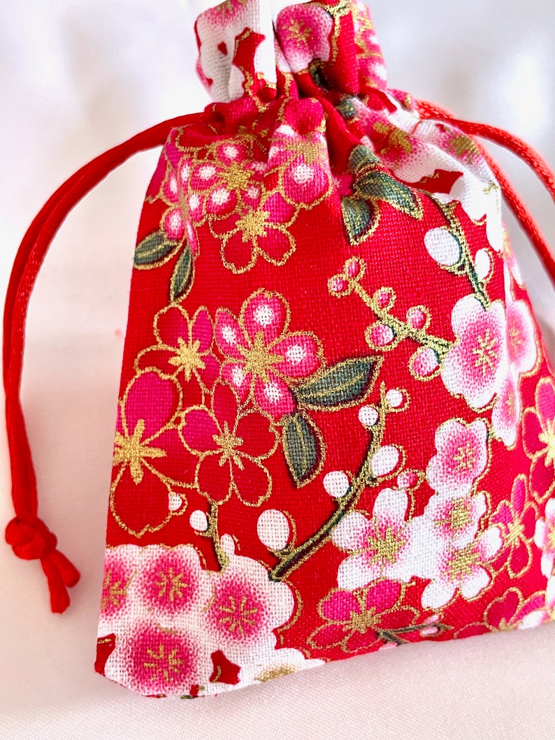 8x10cm Red Japanese Sakura Floral Motif Cotton Drawstring Pouch, Cherry ...