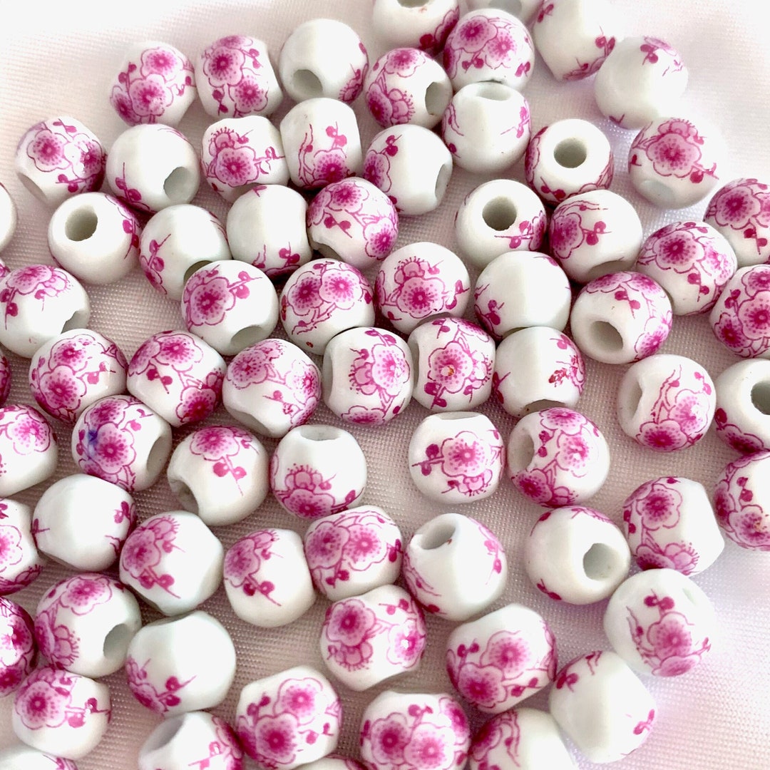 10mm Ceramic Pink Cherry Blossom Beads, Mauve Chinese Delft Peony ...