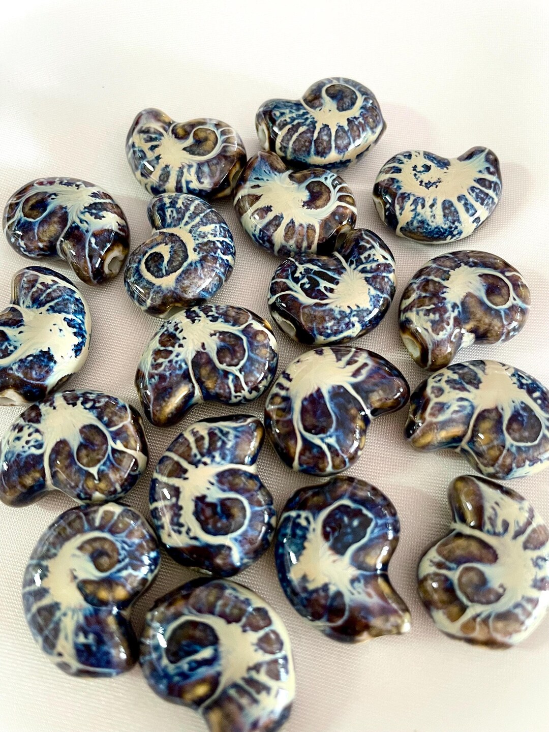 Dark Blue Brown Marbled Seashell Conch Shell Ceramic Bead, Nautical ...
