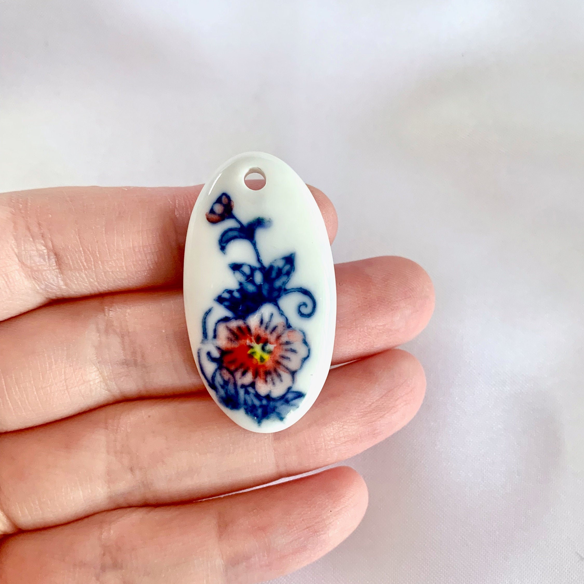 Hand Painted Red Rose Ceramic Focal Oval Pendant, Cottagecore Plants ...