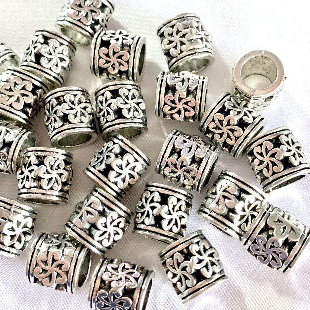 Large Hole Antique Silver Hollow Metal Floral Filigree Barrel Spacer ...