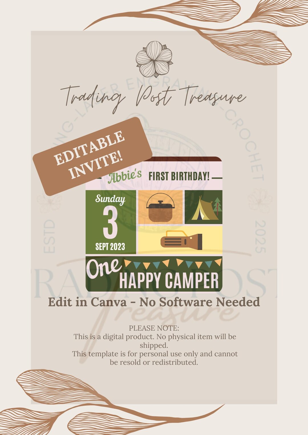 Camping 1st Birthday Invitation Template | Editable Camp Theme Birthday ...