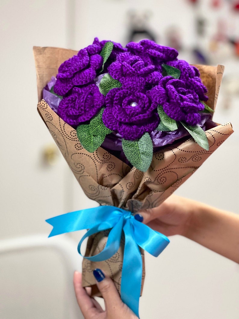 Crochet Violet Color Roses Bouquet With Beautiful Package ...