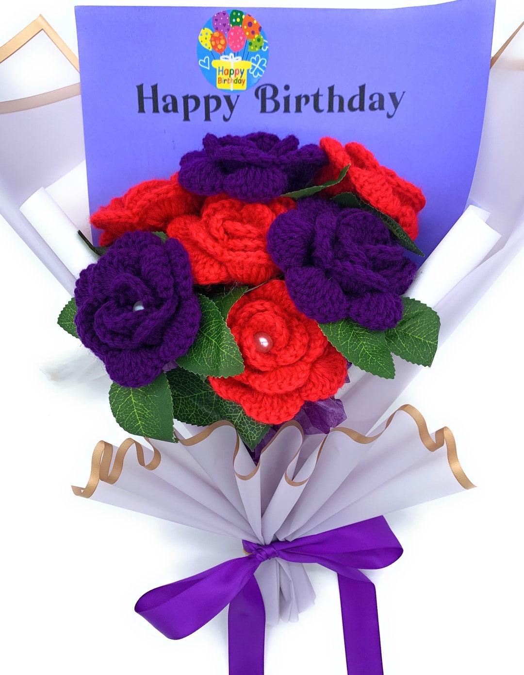 Crochet Violent and Red Roses Bouquet for Birthday Gift. - Etsy