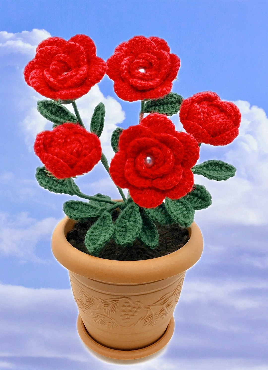 Crochet Knitted Roses Flowers Potted . Flowers Centerpiece for Table ...