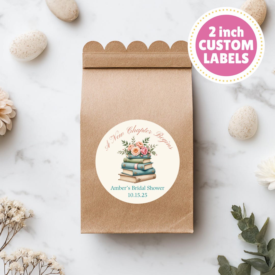 New Chapter Bridal Shower Favor Labels–2" Custom Round Stickers–book ...